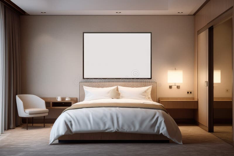 Hotel Room with a Framed Picture Mockup Hangs Directly on the Wall ...