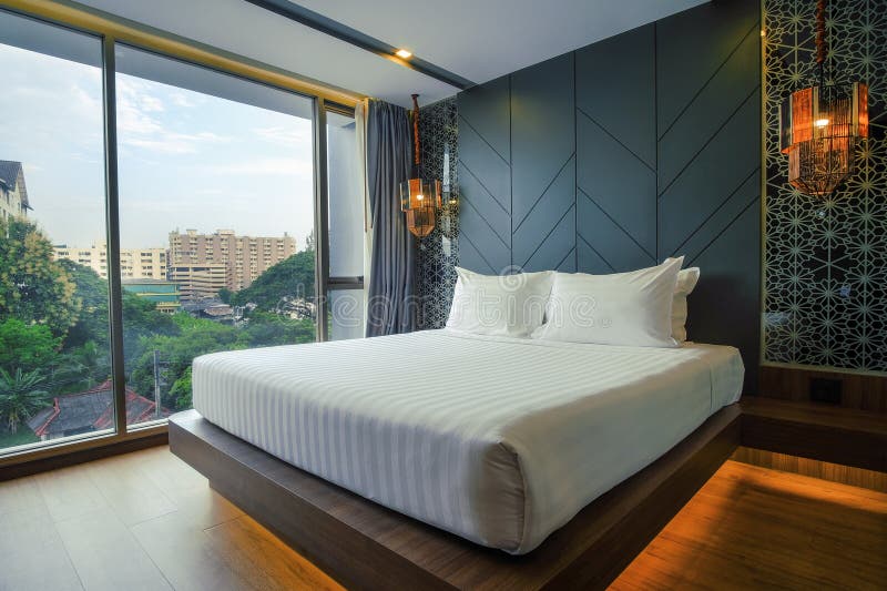 Hotel Room Interior, Single Bed for Background Stock Photo - Image of ...