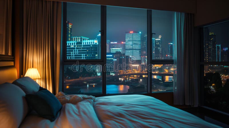 Hotel Room Overlooking the City at Night Stock Photo - Image of hotel ...