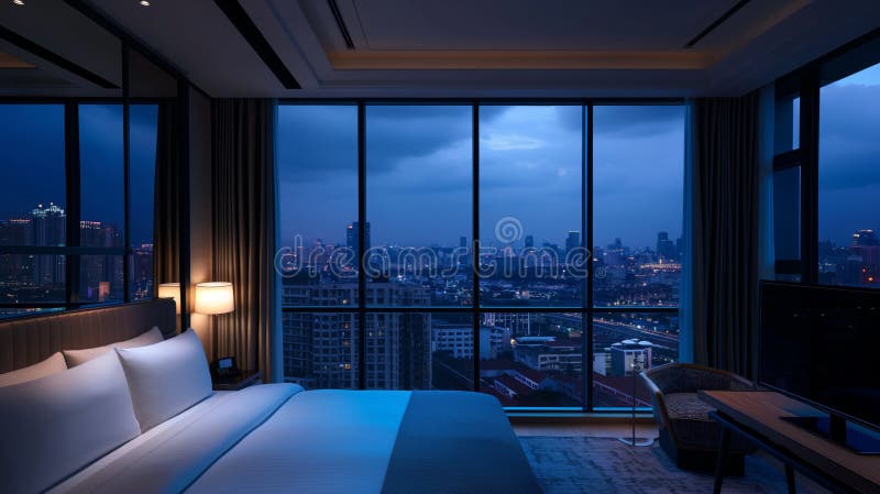 Hotel Room Overlooking the City at Night Stock Photo - Image of staying ...