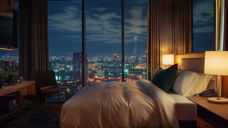 Hotel Room Overlooking the City at Night Stock Image - Image of skyline ...