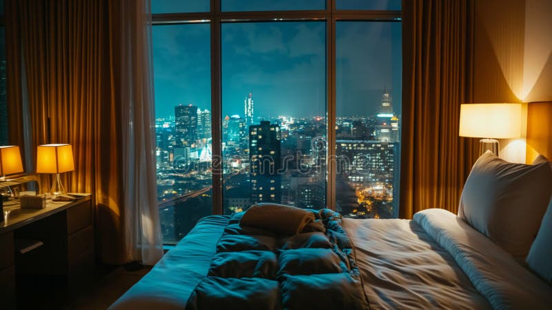 Hotel Room Overlooking the City at Night Stock Photo - Image of ...