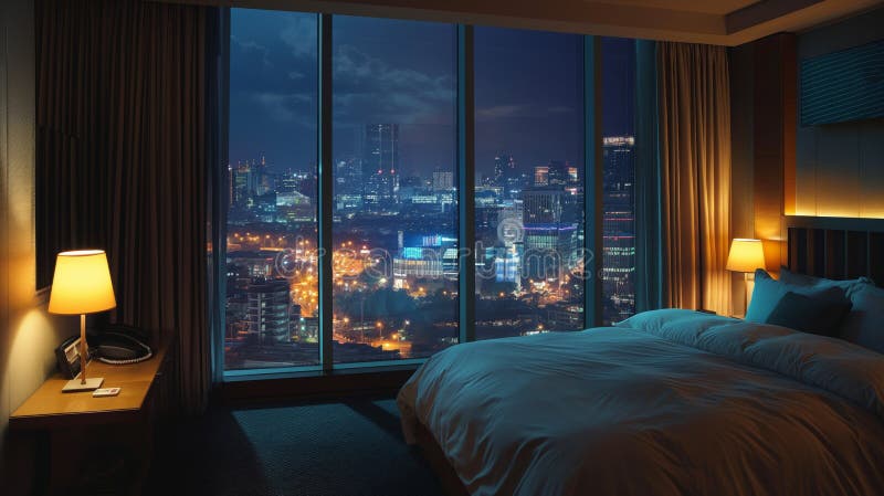 Hotel Room Overlooking the City at Night Stock Image - Image of scenery ...