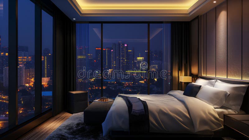 Hotel Room Overlooking the City at Night Stock Image - Image of modern ...