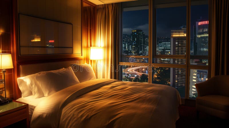 Hotel Room Overlooking the City at Night Stock Image - Image of urban ...
