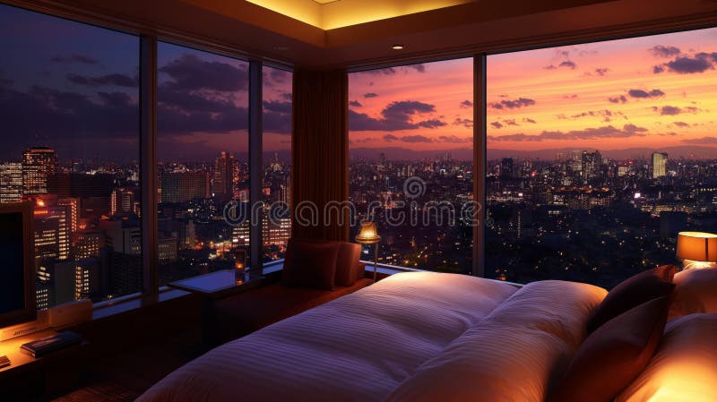 Hotel Room Overlooking the City at Night Stock Image - Image of skyline ...
