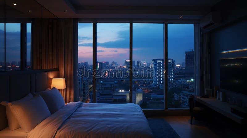Hotel Room Overlooking the City at Night Stock Photo - Image of ...