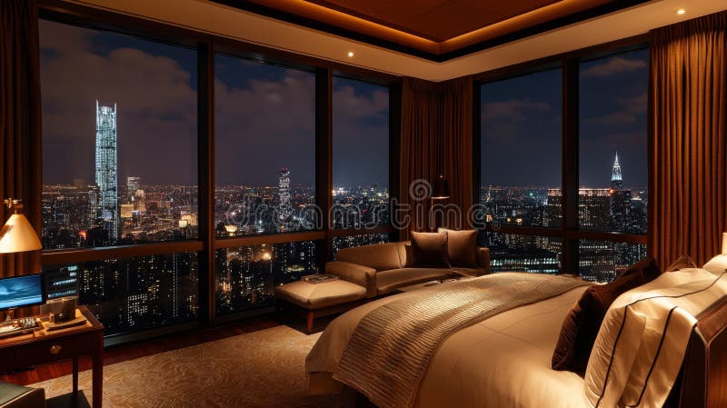 Hotel Room Overlooking the City at Night Stock Image - Image of skyline ...