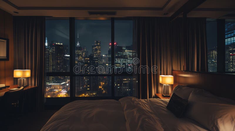 Hotel Room Overlooking the City at Night Stock Image - Image of travel ...