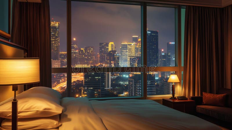 Hotel Room Overlooking the City at Night Stock Image - Image of ...