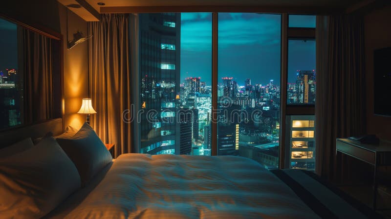 Hotel Room Overlooking the City at Night Stock Photo - Image of hotel ...