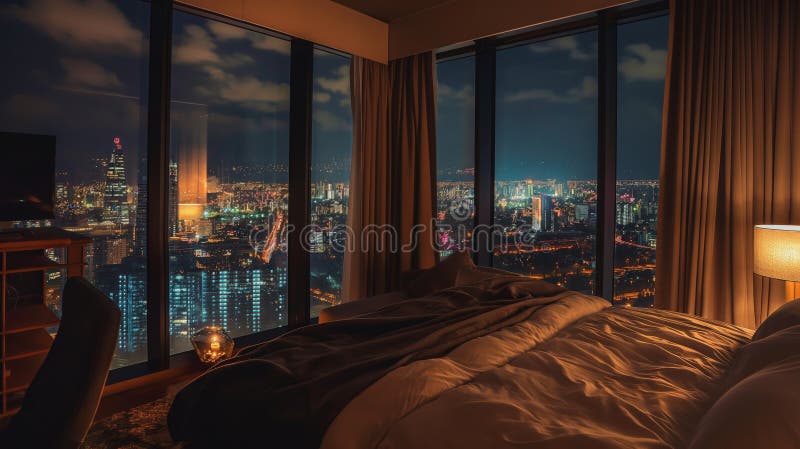 Hotel Room Overlooking the City at Night Stock Photo - Image of ...