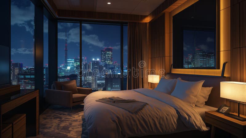 Hotel Room Overlooking the City at Night Stock Image - Image of ...