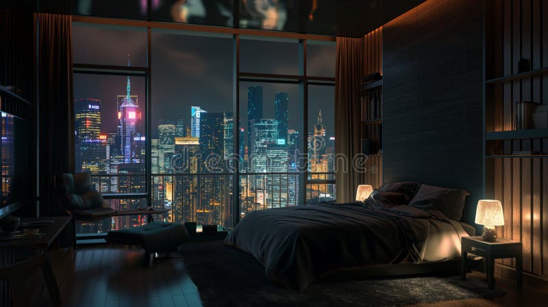 Hotel Room Overlooking the City at Night Stock Image - Image of luxury ...