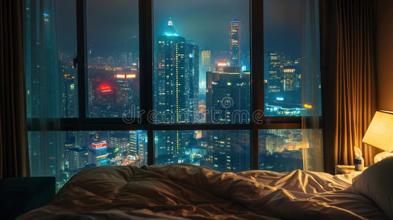 Hotel Room Overlooking the City at Night Stock Photo - Image of ...