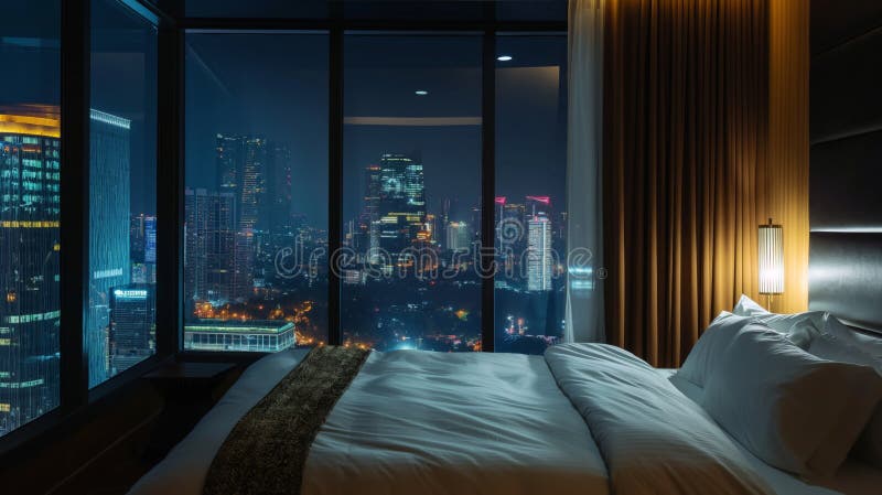 Hotel Room Overlooking the City at Night Stock Photo - Image of travel ...
