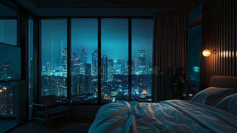 Hotel Room Overlooking the City at Night Stock Image - Image of ...