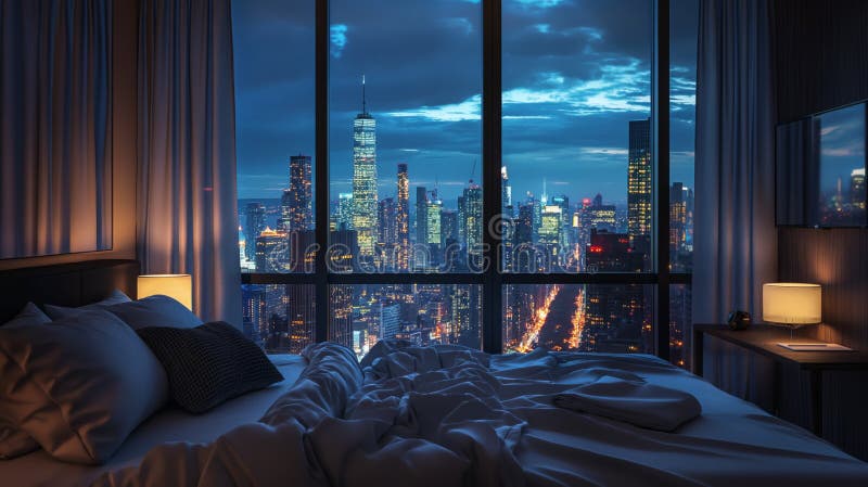 Hotel Room Overlooking the City at Night Stock Photo - Image of luxury ...