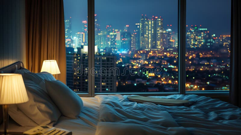 Hotel Room Overlooking the City at Night Stock Photo - Image of night ...