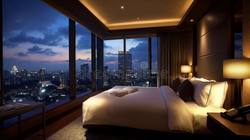 Hotel Room Overlooking the City at Night Stock Image - Image of ...