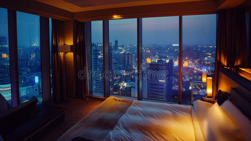 Hotel Room Overlooking the City at Night Stock Photo - Image of evening ...