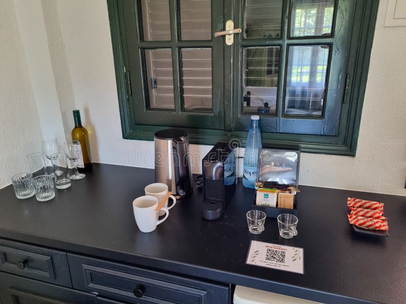 Hotel Room Refreshment Station with Coffee, Tea, Water, and Wine ...