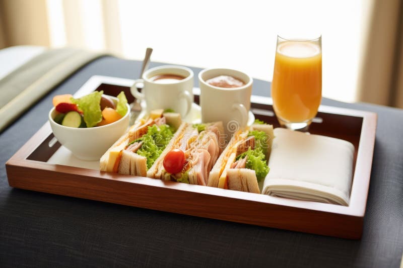 Hotel Room Service Tray with Sandwiches and Coffee Stock Photo - Image ...
