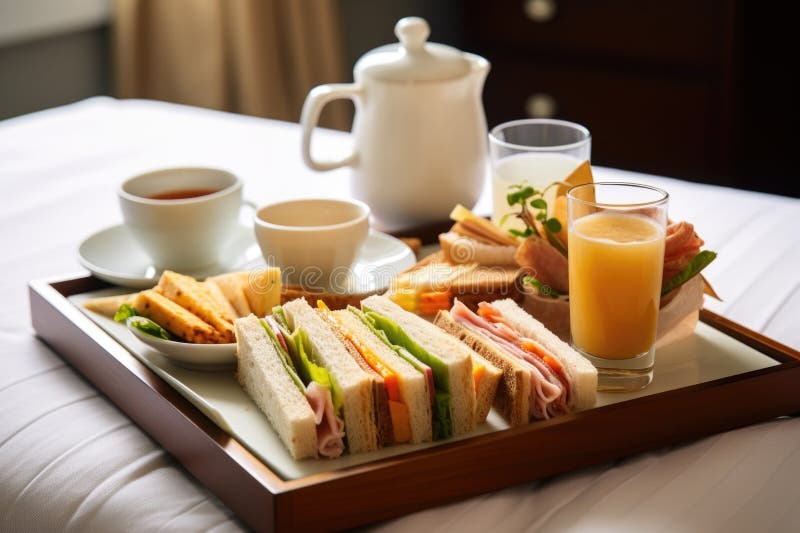 Hotel Room Service Tray with Sandwiches and Coffee Stock Photo - Image ...