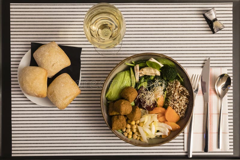 Hotel Room Service: Vegan Meal and White Wine Stock Image - Image of ...
