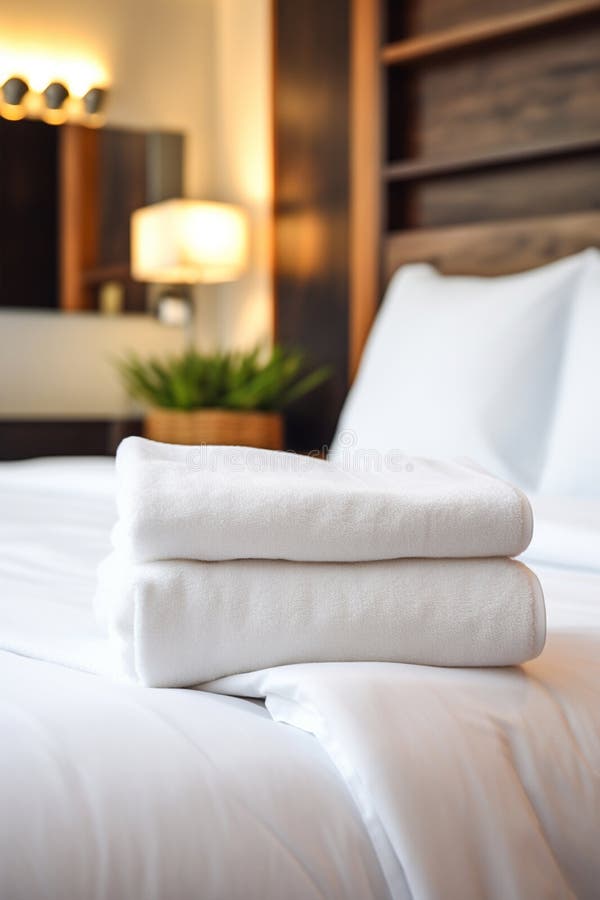 Hotel Room Towels on the Bed. Generative AI, Stock Image - Image of ...