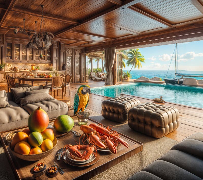 Hotel Room on in the Tropics with Fruits. Stock Illustration ...