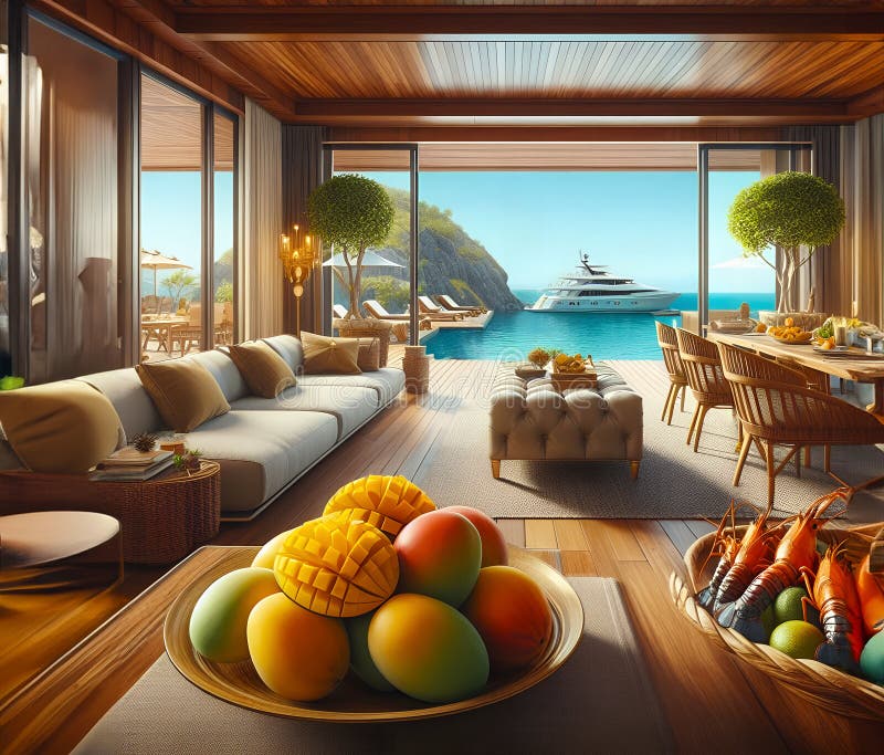 Hotel Room on in the Tropics with Fruits. Stock Illustration ...