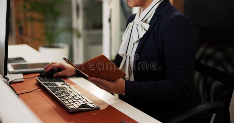 Hotel, Schedule and Typing with Hands of Concierge at Welcome Desk for ...