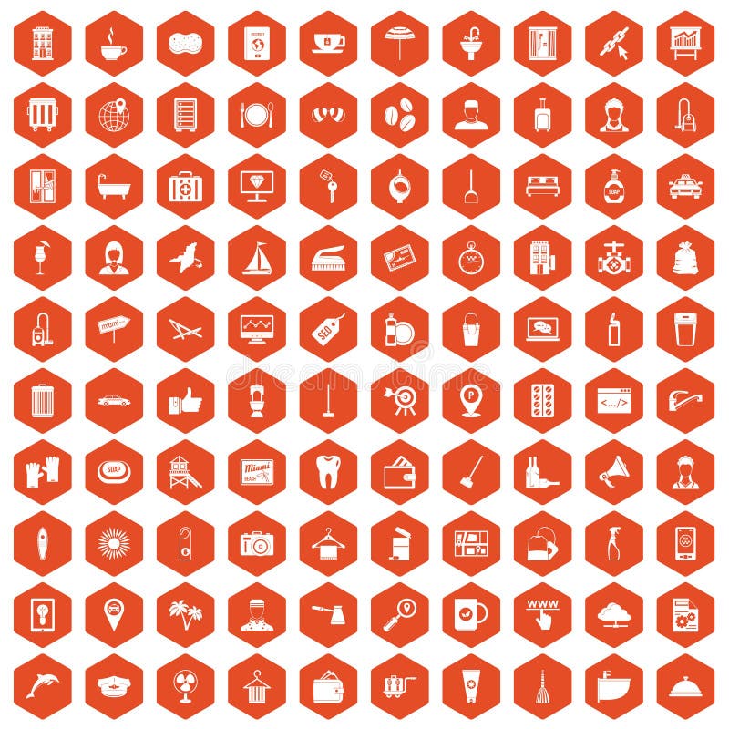 100 Hotel Services Icons Hexagon Orange Stock Vector - Illustration of ...