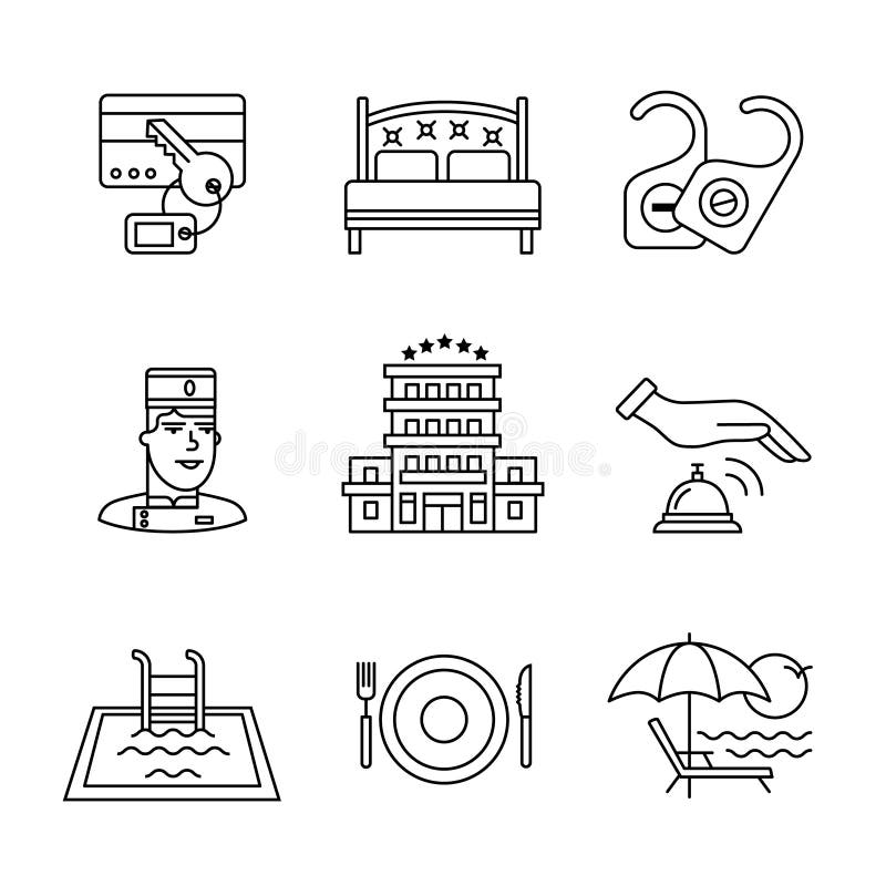 Hotel Signs Set. Thin Line Art Icons Stock Vector - Illustration of ...