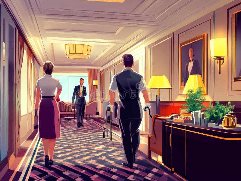 Hotel Staff Walking Down Luxury Hallway Serving Customer Stock ...