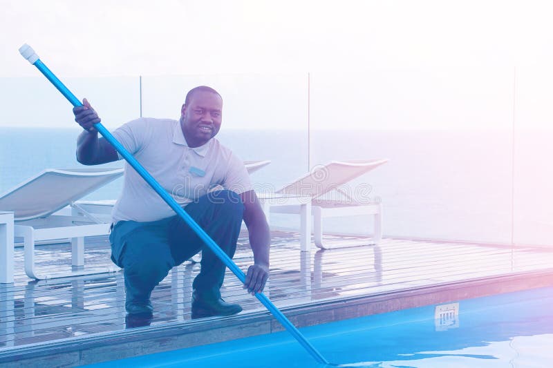 Hotel Staff Worker Cleaning the Pool. Maintenance. Stock Photo - Image ...