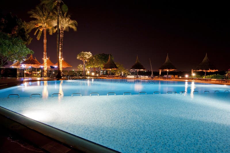 Hotel Swimming Pool at Night Stock Photo - Image of leisure, black ...