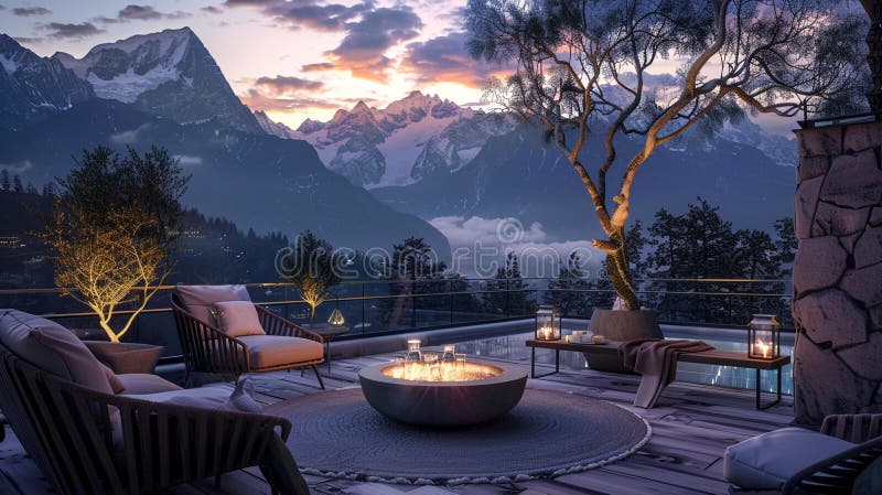 Hotel Terrace Showcasing Mountain View with Comfortable Seating and ...