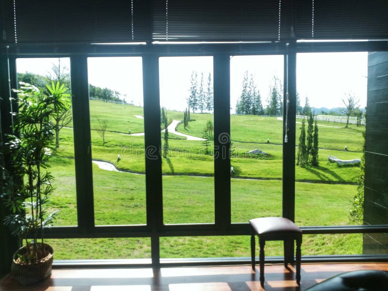 Hotel Window View Green Yard Stock Photo - Image of refax, landscape ...