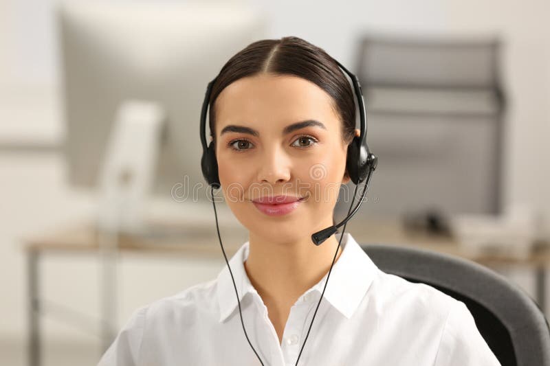 Hotline Operator with Headset Working in Office Stock Photo - Image of ...