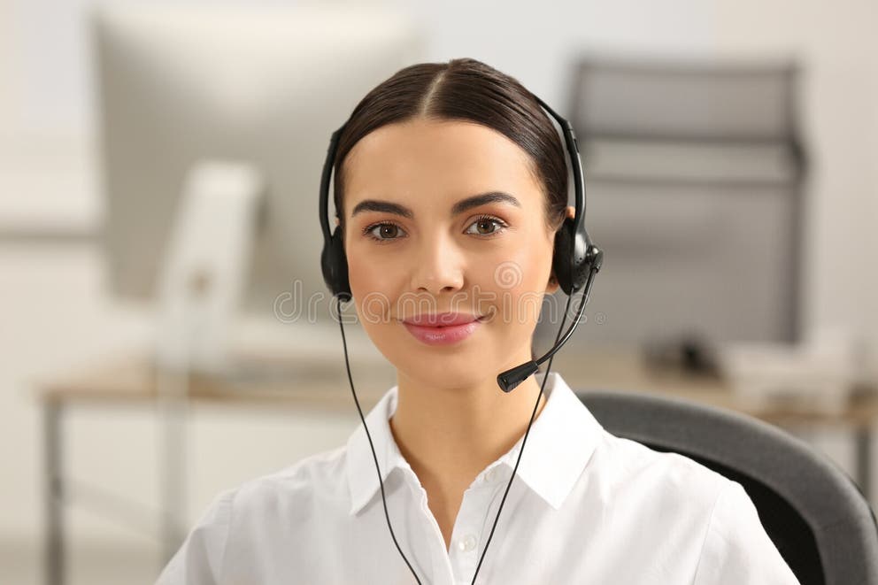 Hotline Operator with Headset Working in Office Stock Photo - Image of ...