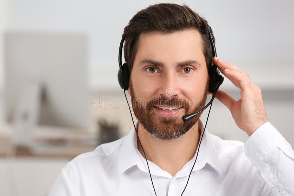 Hotline Operator with Headset Working in Office Stock Image - Image of ...