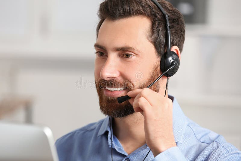 Hotline Operator with Headset Working in Office, Space for Text Stock ...