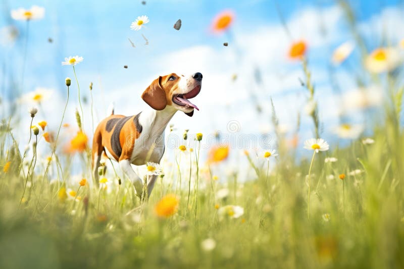 Hound Chasing Butterflies in a Wildflower Meadow Stock Image - Image of ...