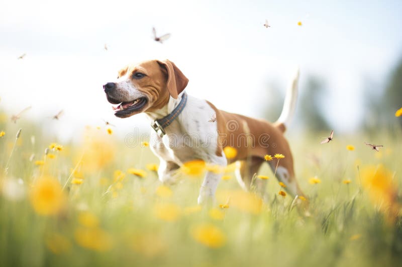 Hound Chasing Butterflies in a Wildflower Meadow Stock Photo - Image of ...
