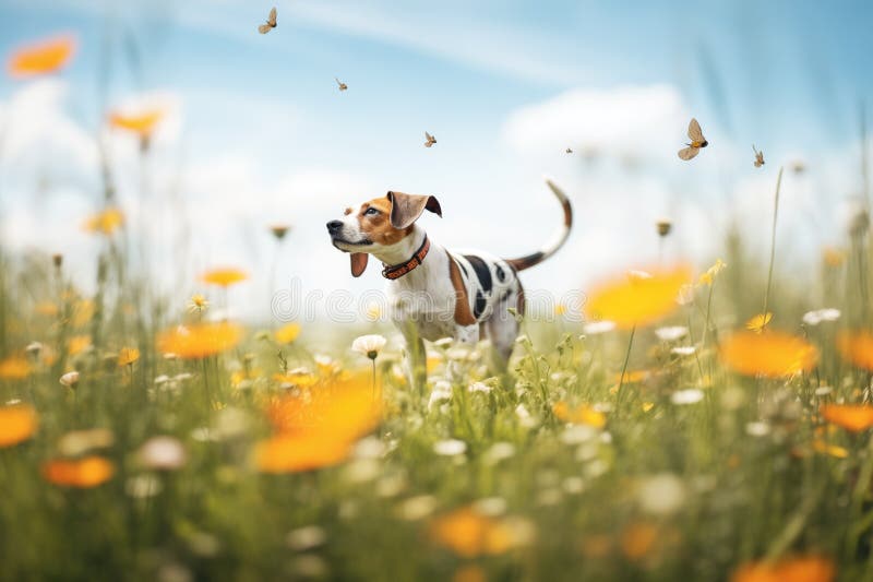Hound Chasing Butterflies in a Wildflower Meadow Stock Image - Image of ...