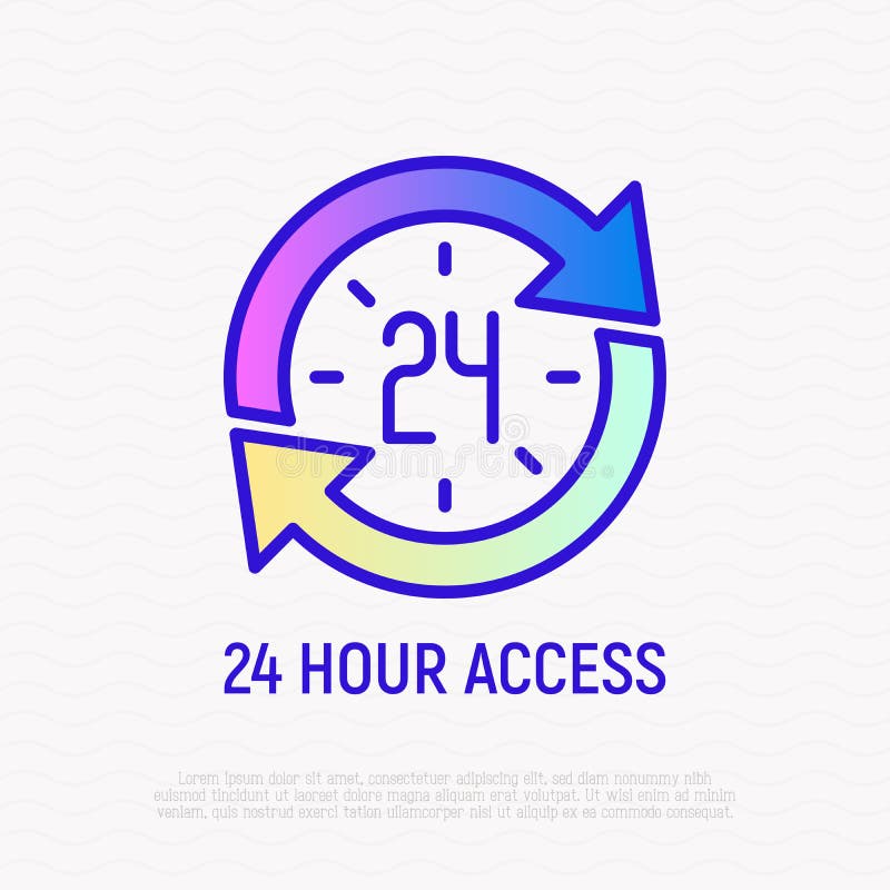 24 Hour Access Thin Line Icon: Clock in Arrows. Modern Vector ...