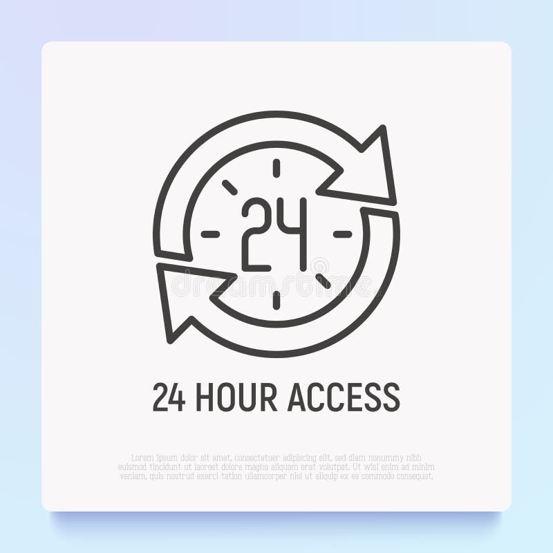 24 Hour Access Thin Line Icon: Clock in Arrows. Modern Vector ...