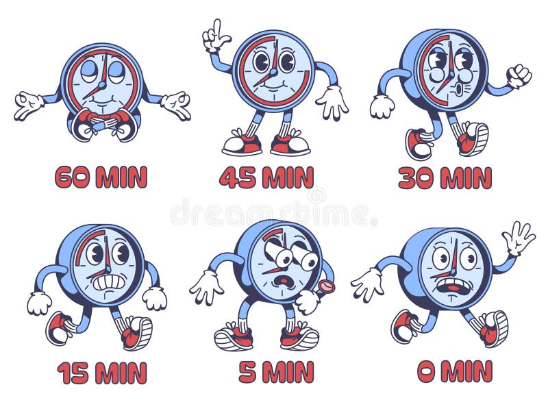 Hour Countdown Timer. 60 Minutes Left with Rushing Clock 1930s Cartoon ...